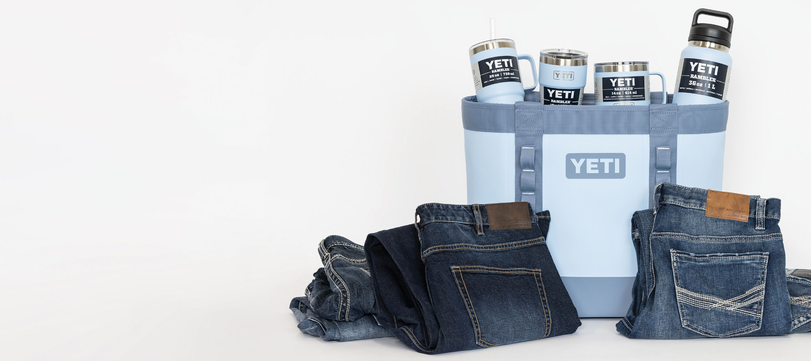 Yeti Cooler with Blue bottles and jeans