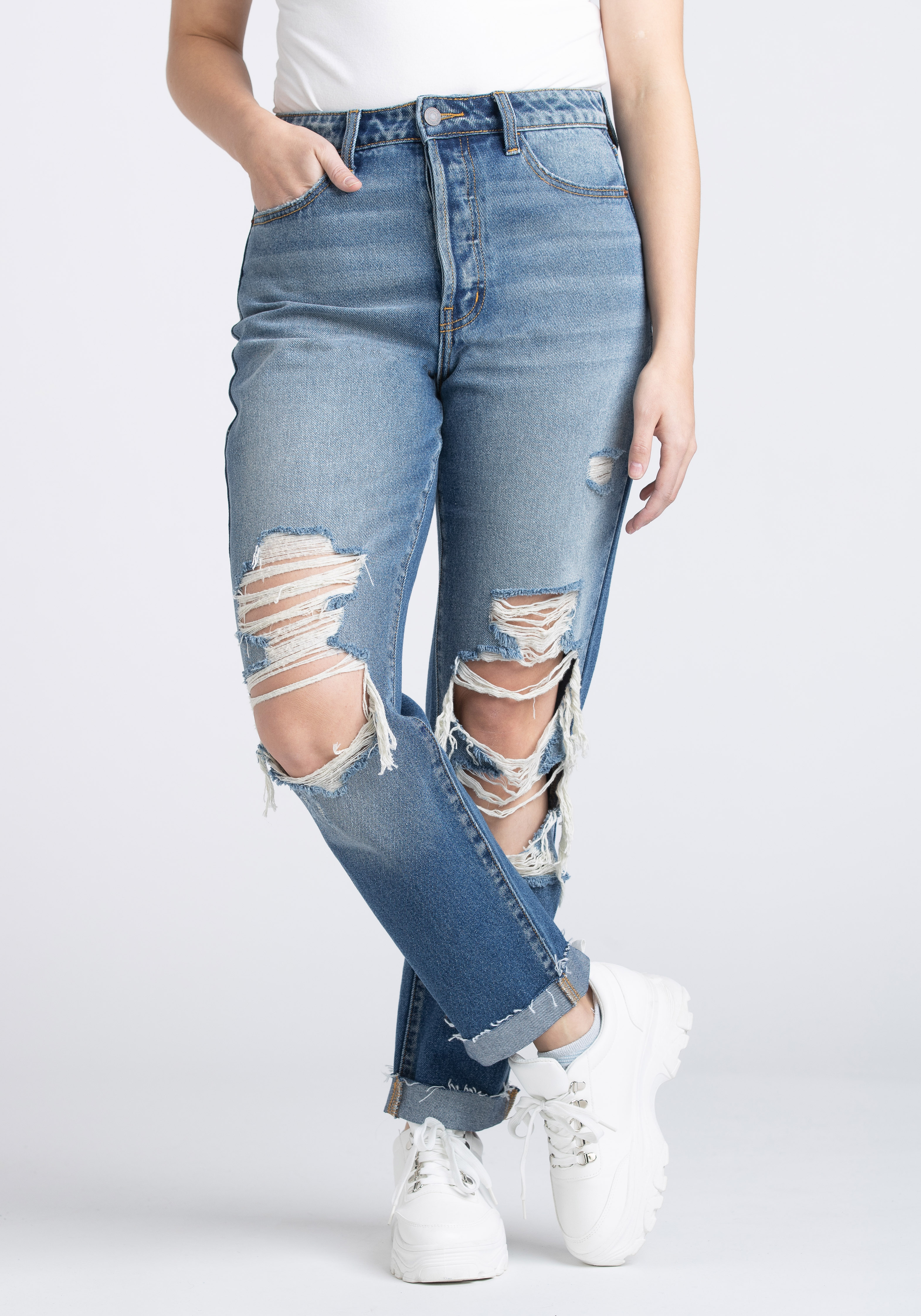 Women's High Rise Destroyed Cuffed Straight Jeans Warehouse One