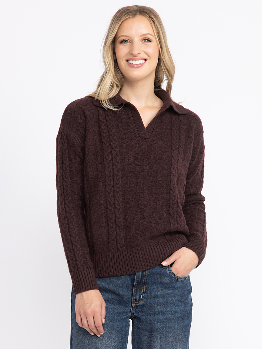 Women's Collared Cable Knit Sweater Warehouse One